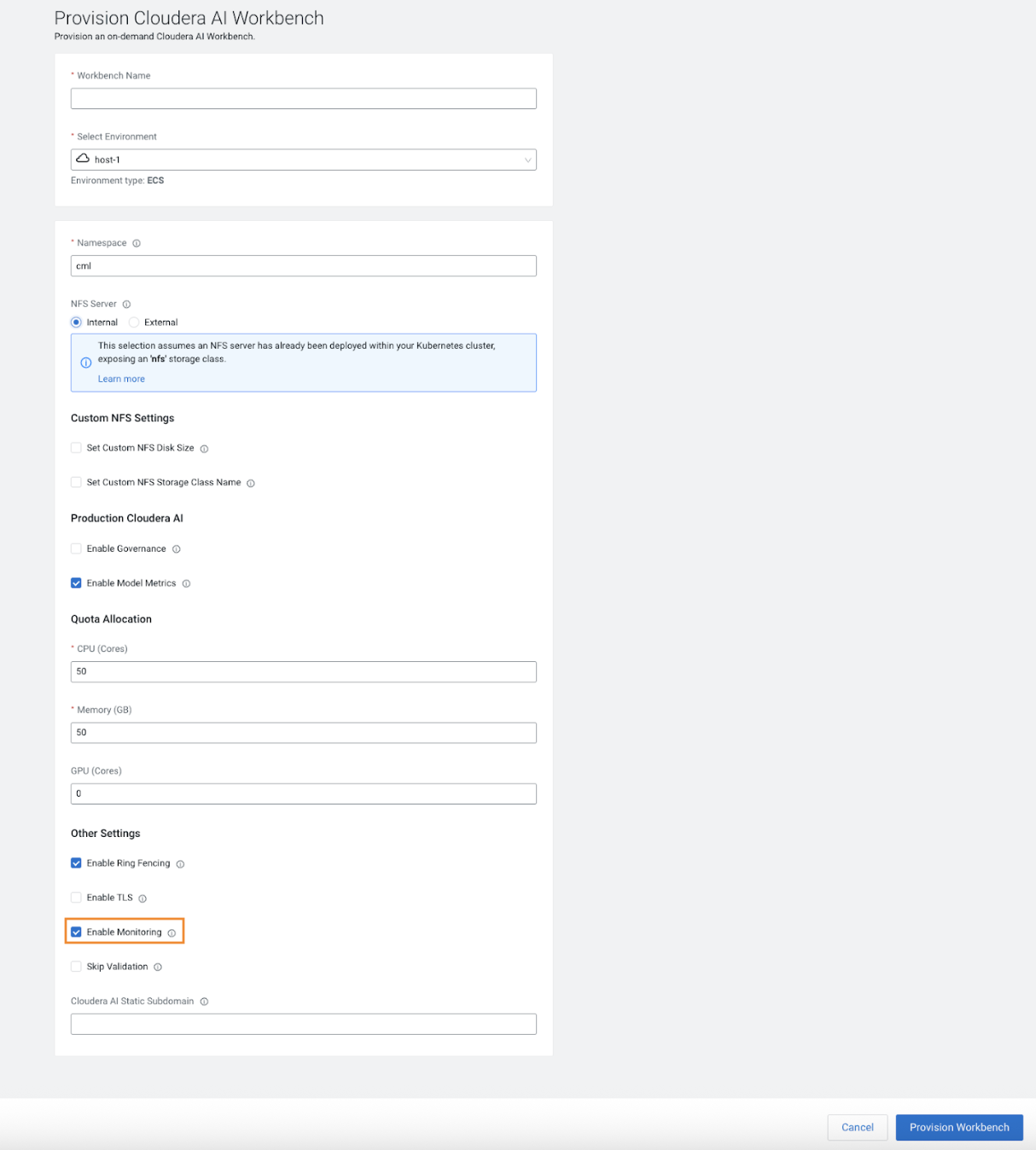 Enabling Ring Fencing in Cloudera AI Workbench