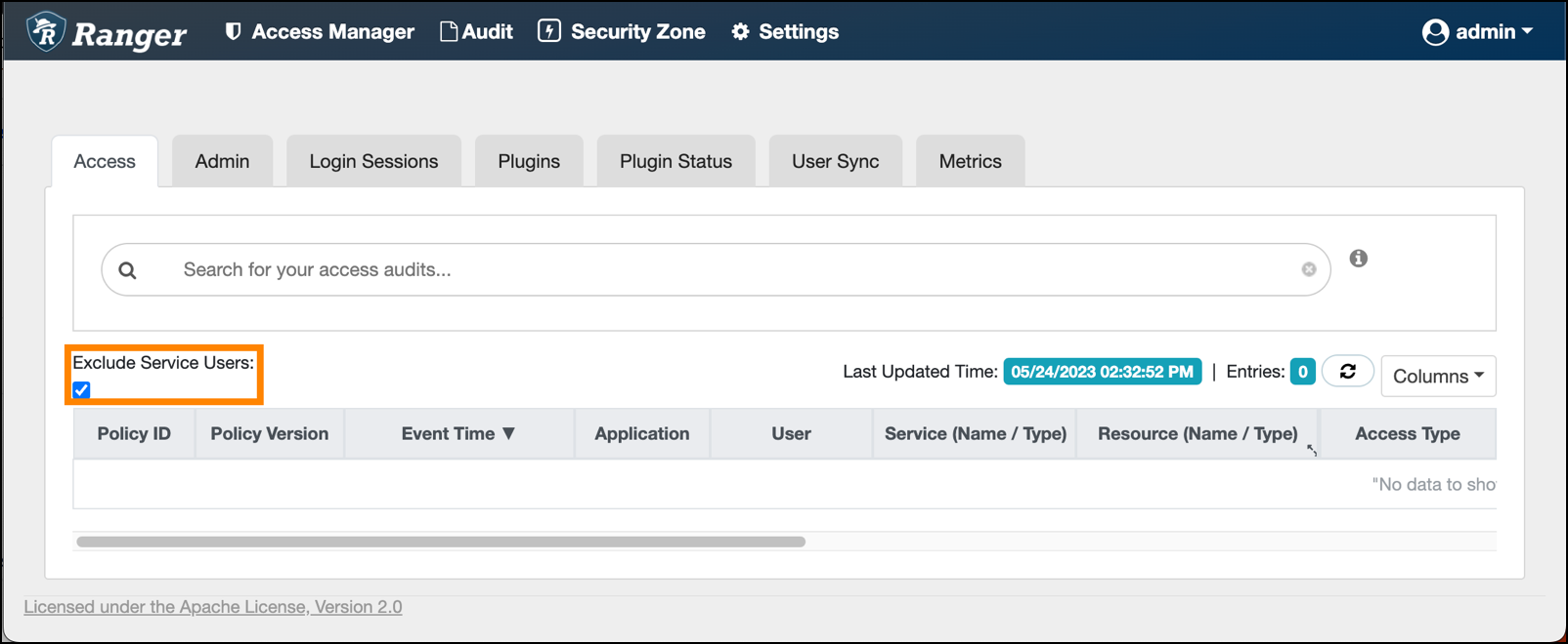 Filter service access logs from Ranger UI
